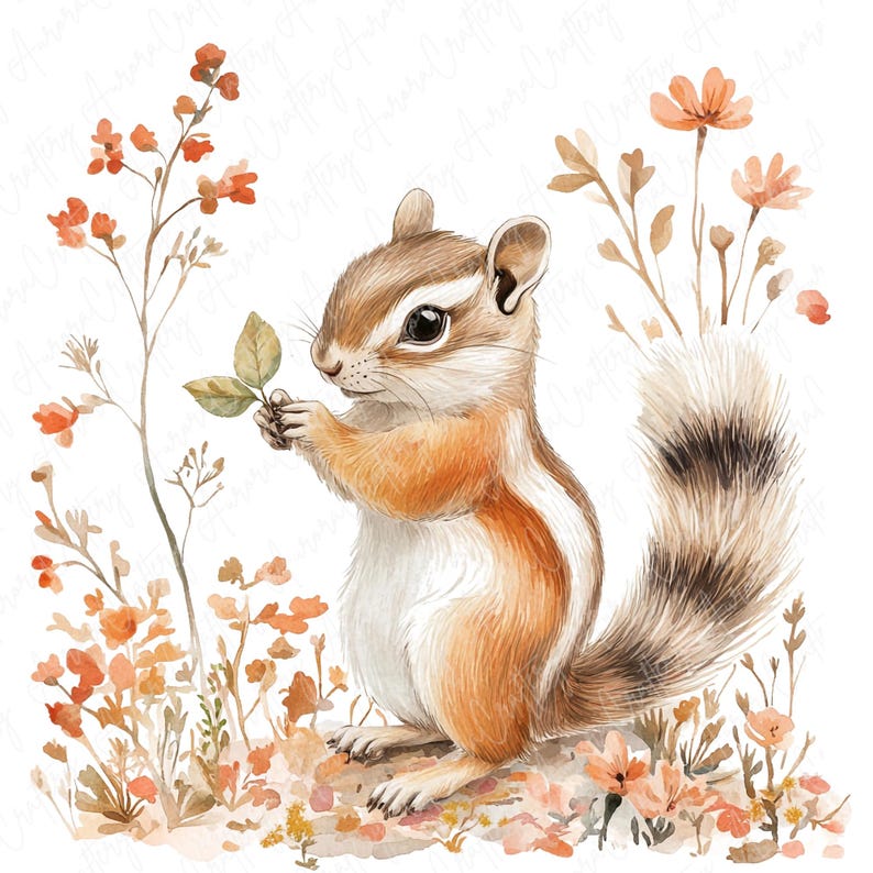10 Watercolor Chipmunk Clipart, Woodland Chipmunk With Flowers, Forest ...