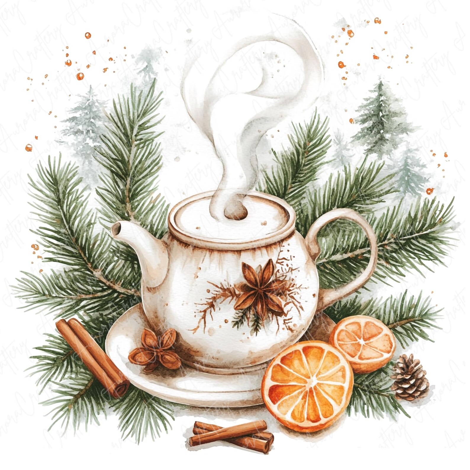 7 Watercolor Winter Teapot Clipart, Cozy Tea Sets With Oranges and ...