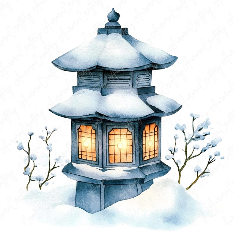 9 Watercolor Snow Lantern Clipart, Festive Japanese Lantern With Snow ...