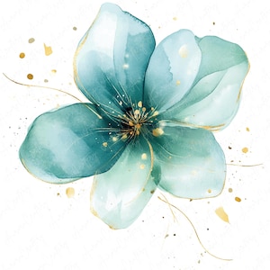 8 Abstract Blue and Gold Floral Clipart, Watercolor Flower Clipart Gold ...