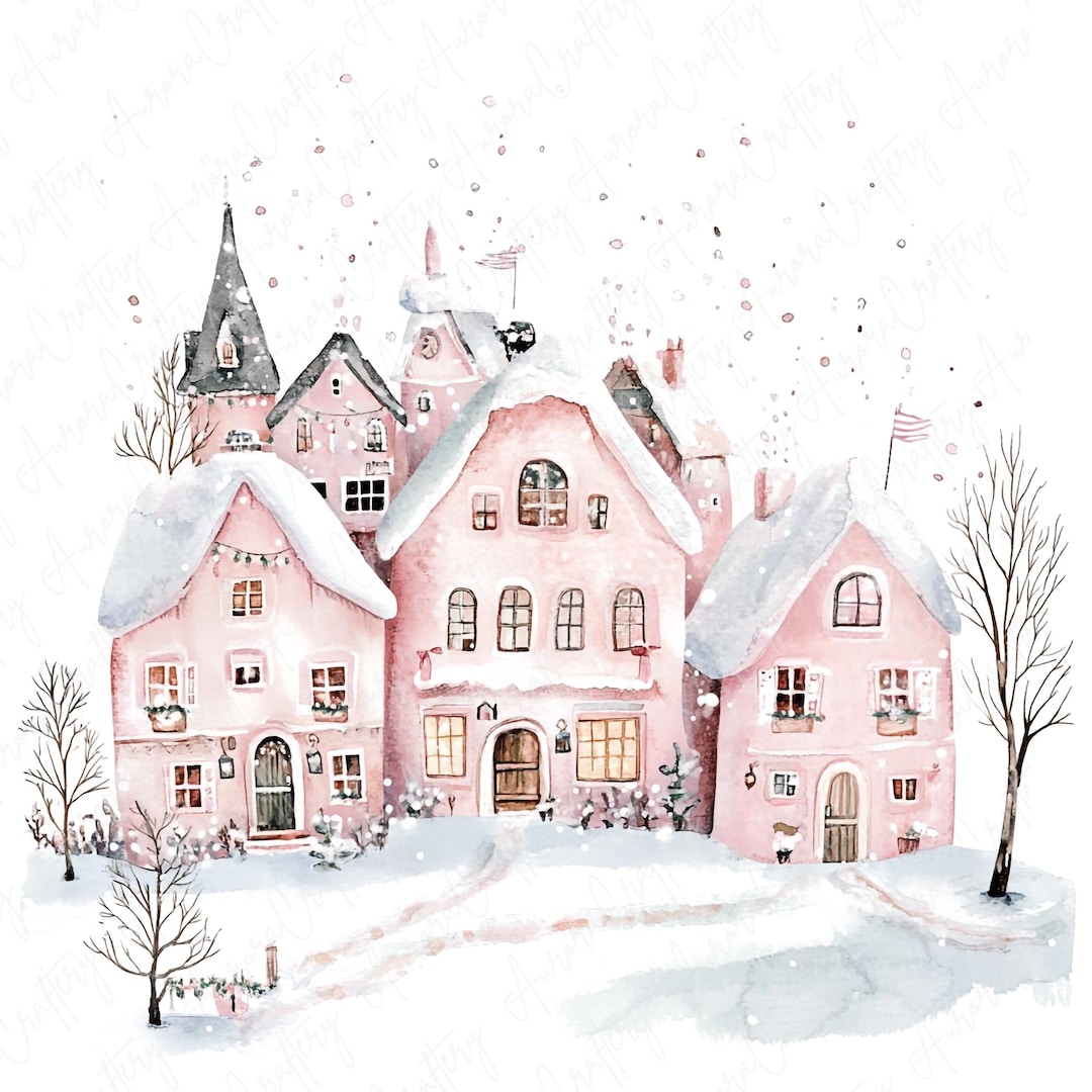 8 Watercolor Festive Village Clipart, Pink Snowy House Clipart, Winter ...