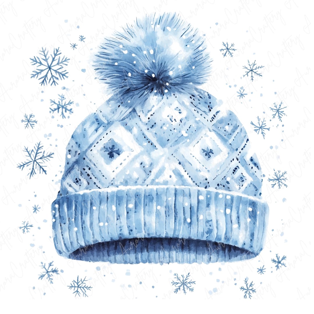 5 Watercolor Winter Knit Hat Clipart, Blue Beanies With Snowflakes ...