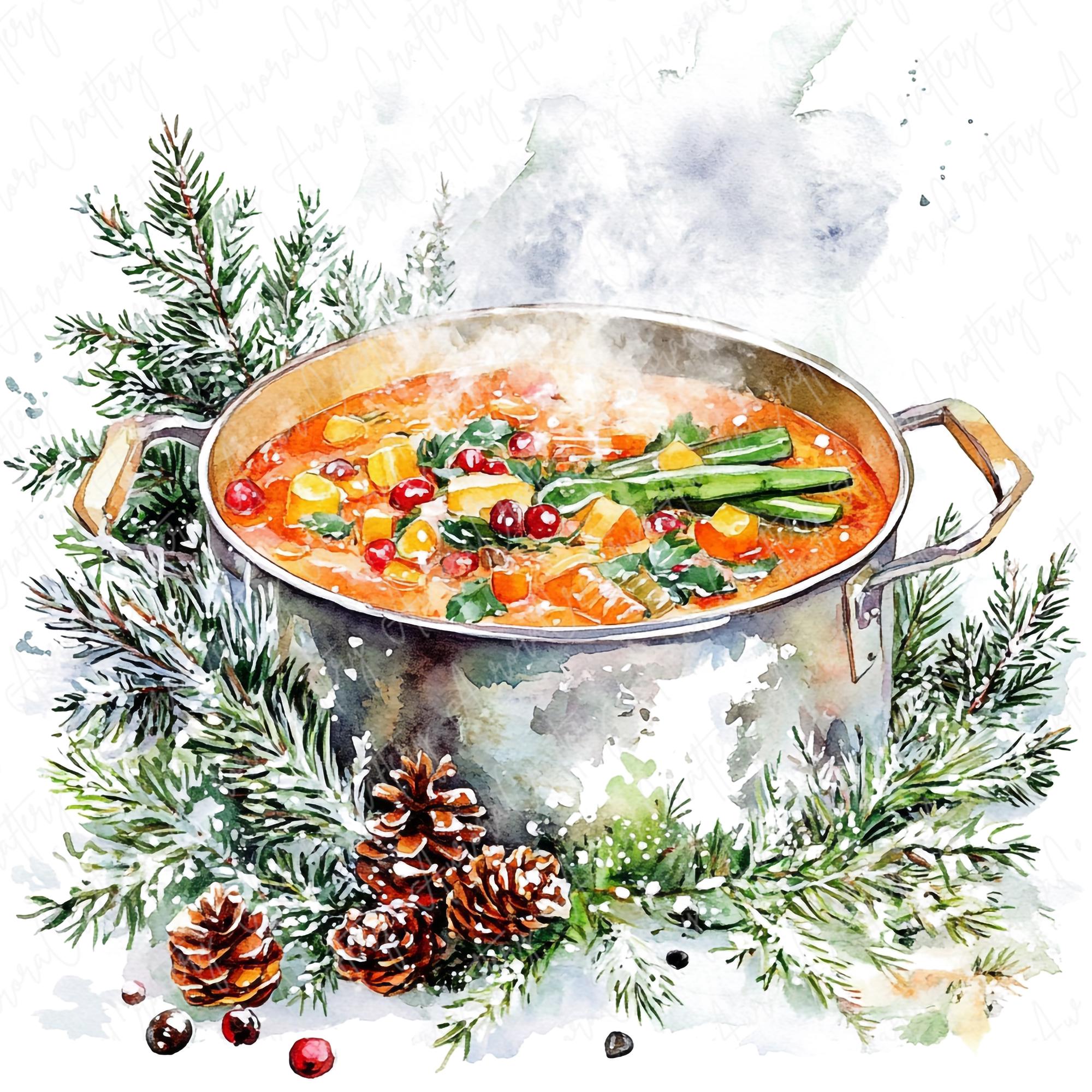 7 Watercolor Holiday Soup Clipart, Festive Pot of Vegetable Clipart ...