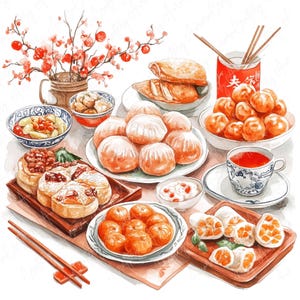8 Chinese New Year Feast Clipart, Festive Traditional Dishes, Lunar New ...