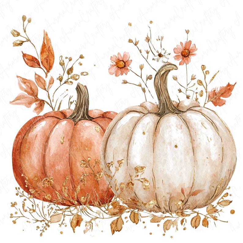 7 Floral Pumpkin Watercolor Clipart, Fall Pumpkin Bouquet, High Quality ...