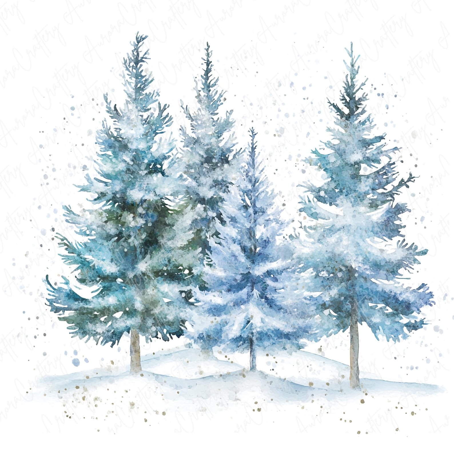 8 Winter Tree Clipart, Snowy Pine Tree, Snow on Trees Landscape, Blue ...