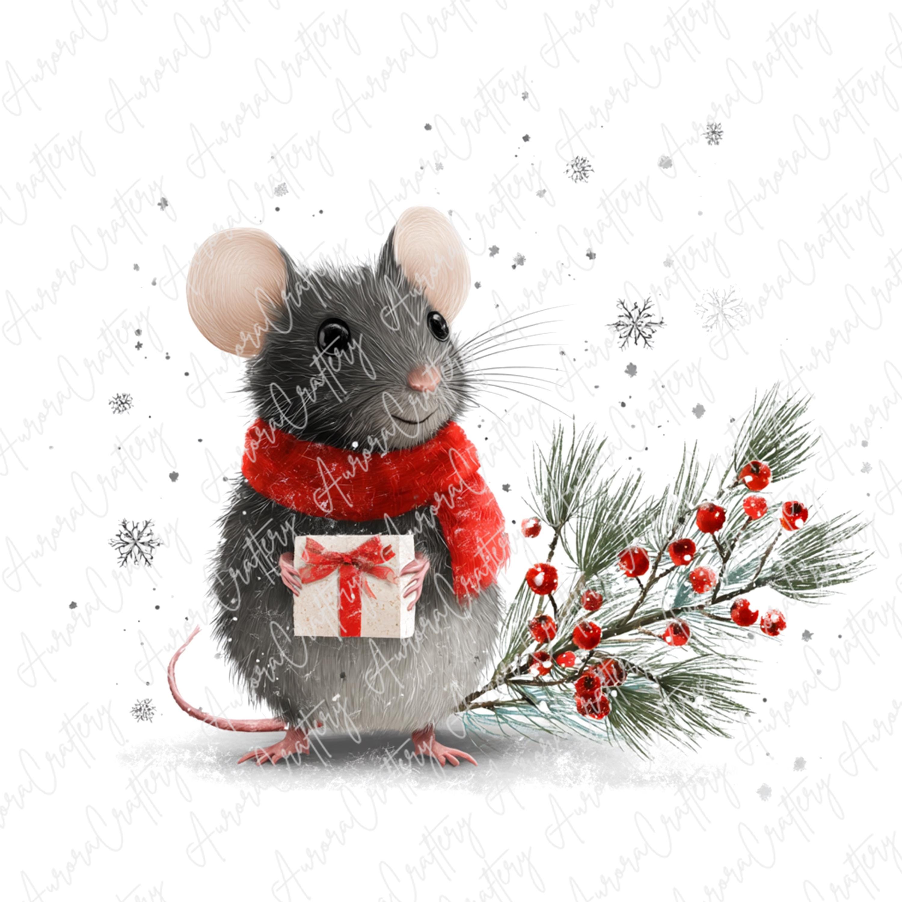8 Watercolor Winter Mouse Clipart, Cute Mouse With Gift and Red Scarf ...