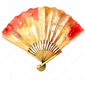 7 Golden Fan Clipart, Oriental Watercolor Fan, Chinese New Year Clipart ...