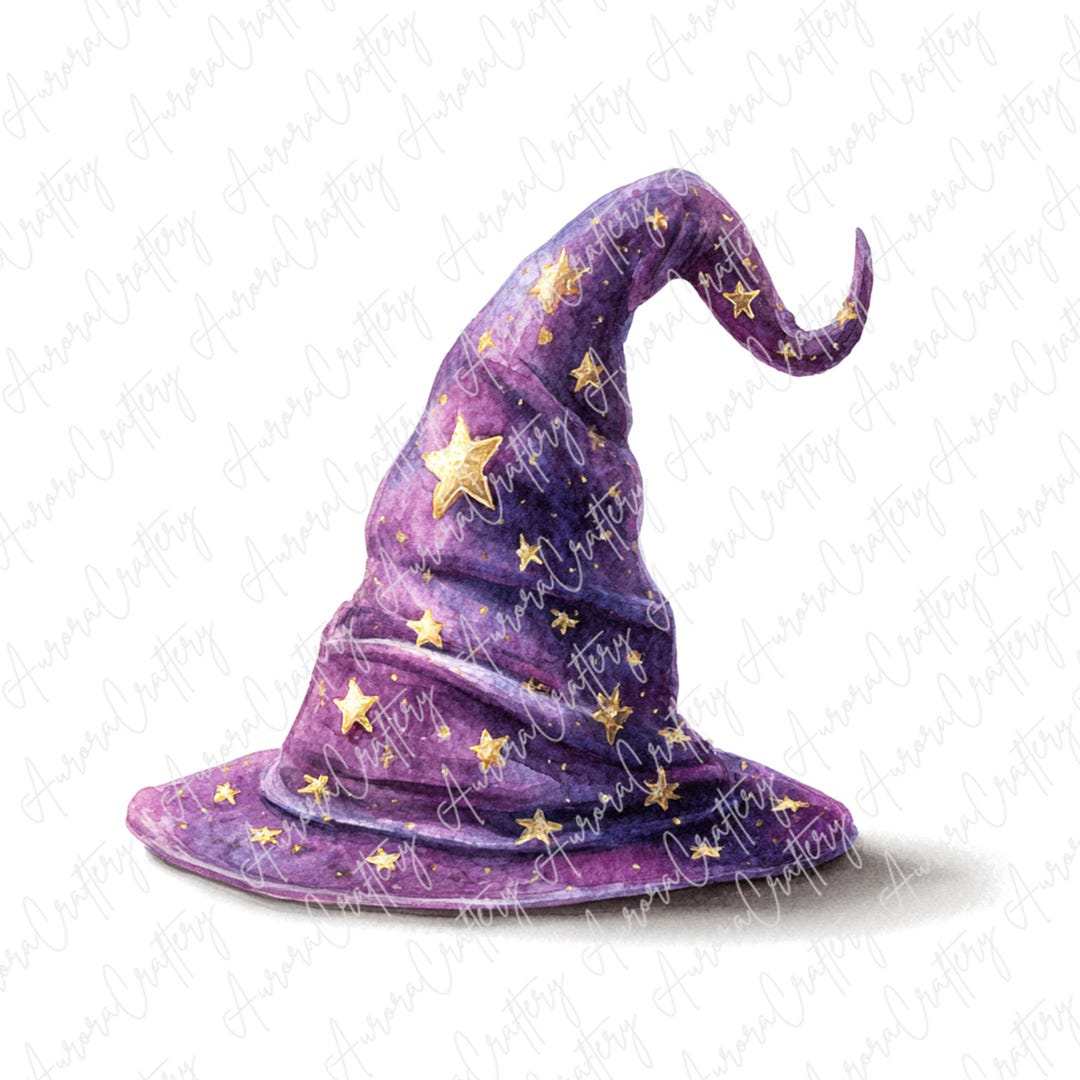 7 Watercolor Wizard Hat Clipart, Purple Magic Hat With Golden Stars ...