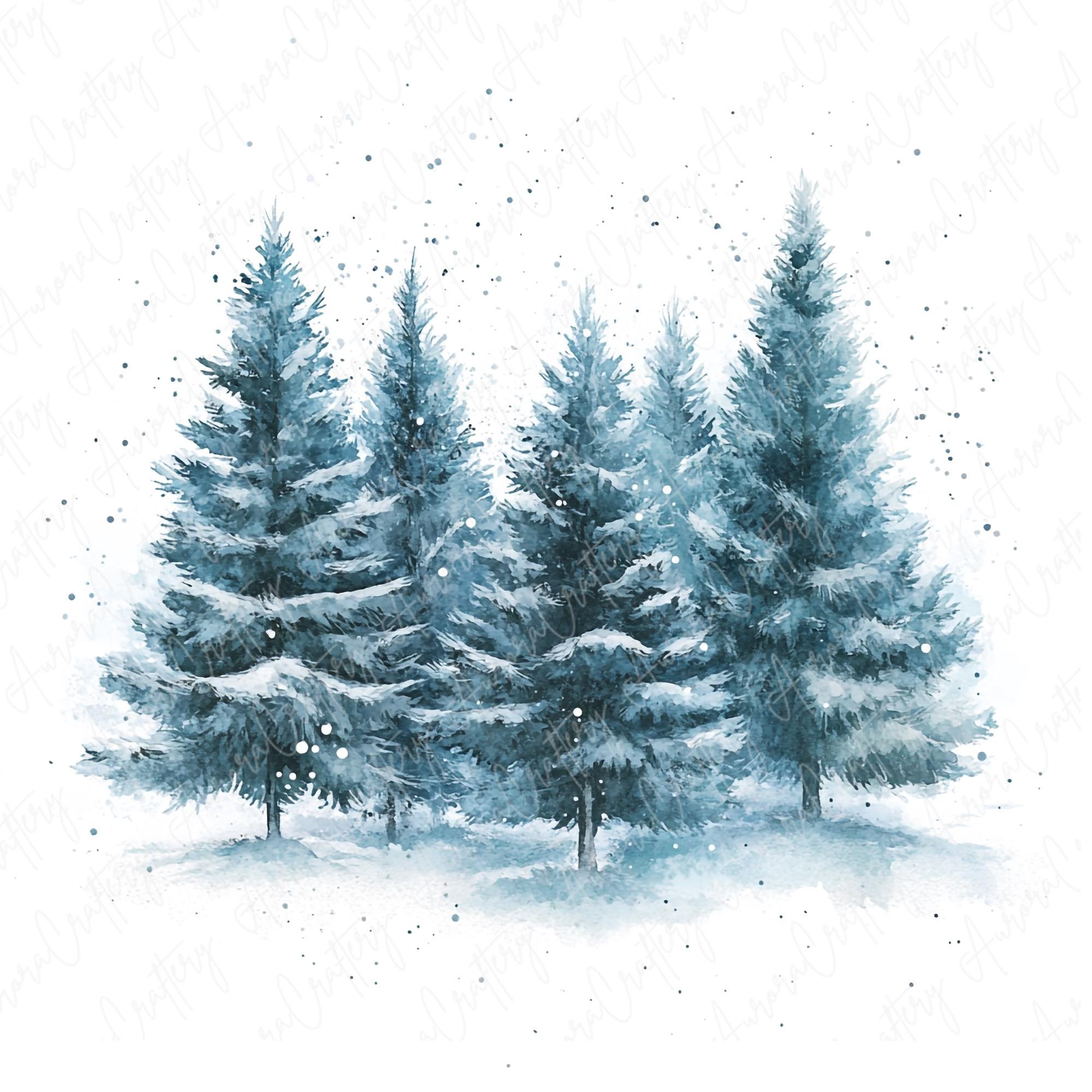 8 Winter Tree Clipart, Snowy Pine Tree, Snow on Trees Landscape, Blue ...