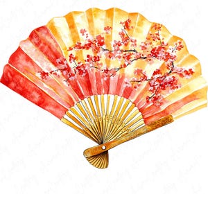 7 Golden Fan Clipart, Oriental Watercolor Fan, Chinese New Year Clipart ...