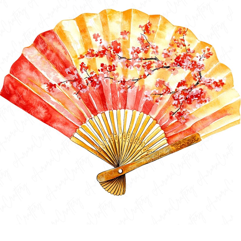 7 Golden Fan Clipart, Oriental Watercolor Fan, Chinese New Year Clipart ...
