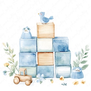 15 Baby Building Blocks Watercolor Clipart, Blue and Wooden Blocks ...
