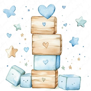 15 Baby Building Blocks Watercolor Clipart, Blue and Wooden Blocks ...