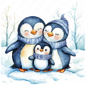 8 Watercolor Winter Penguin Clipart, Festive Penguin Family, Festive ...