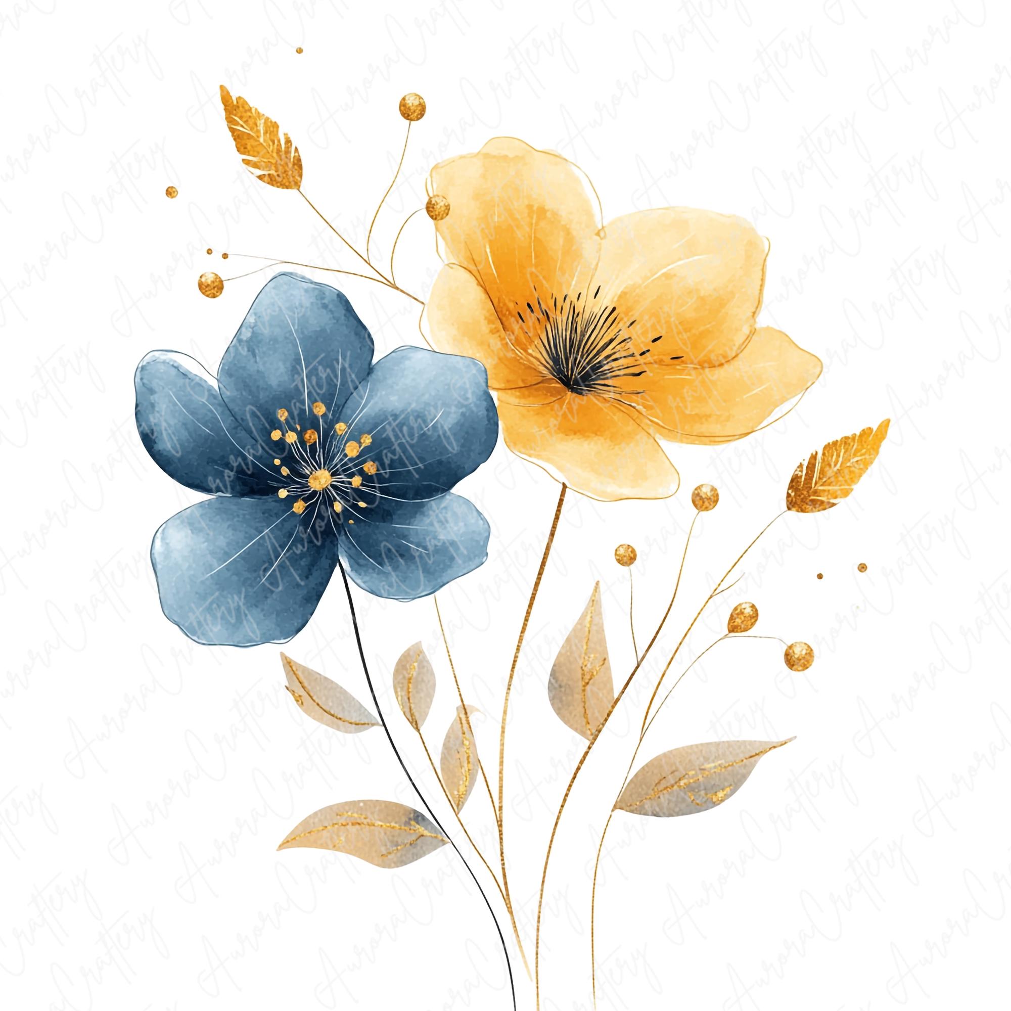 16 Abstract Blue and Yellow Watercolor Floral Clipart Bundle, Blue ...