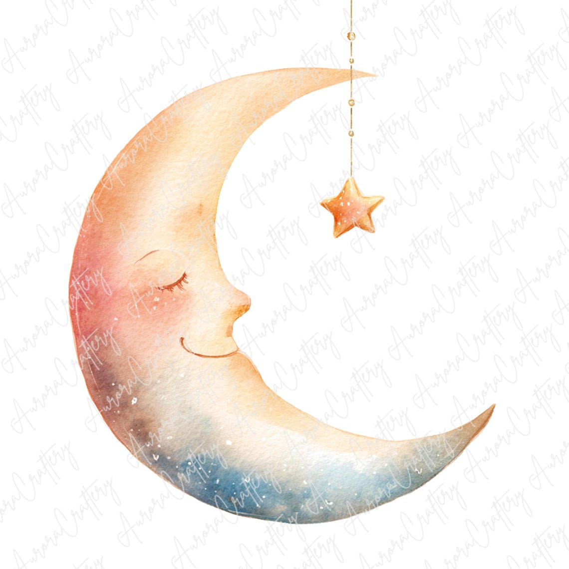 8 Watercolor Moon and Star Clipart, Cute Crescent Moon, Sleepy Nursery ...