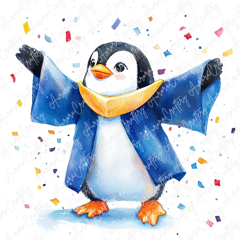 8 Watercolor Graduation Penguin Clipart, Penguins in Blue Gowns and ...