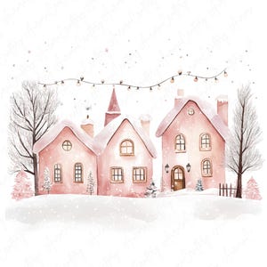 8 Watercolor Festive Village Clipart, Pink Snowy House Clipart, Winter ...