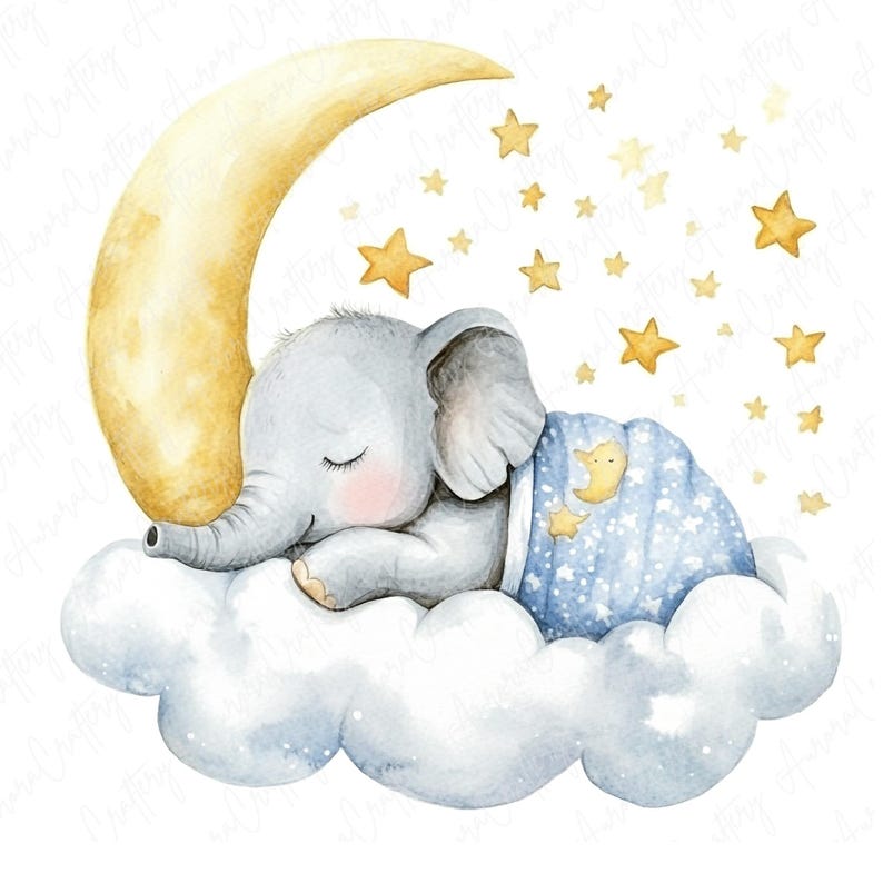 6 Watercolor Sleepy Baby Elephant Clipart | Nursery Clipart Baby Shower ...