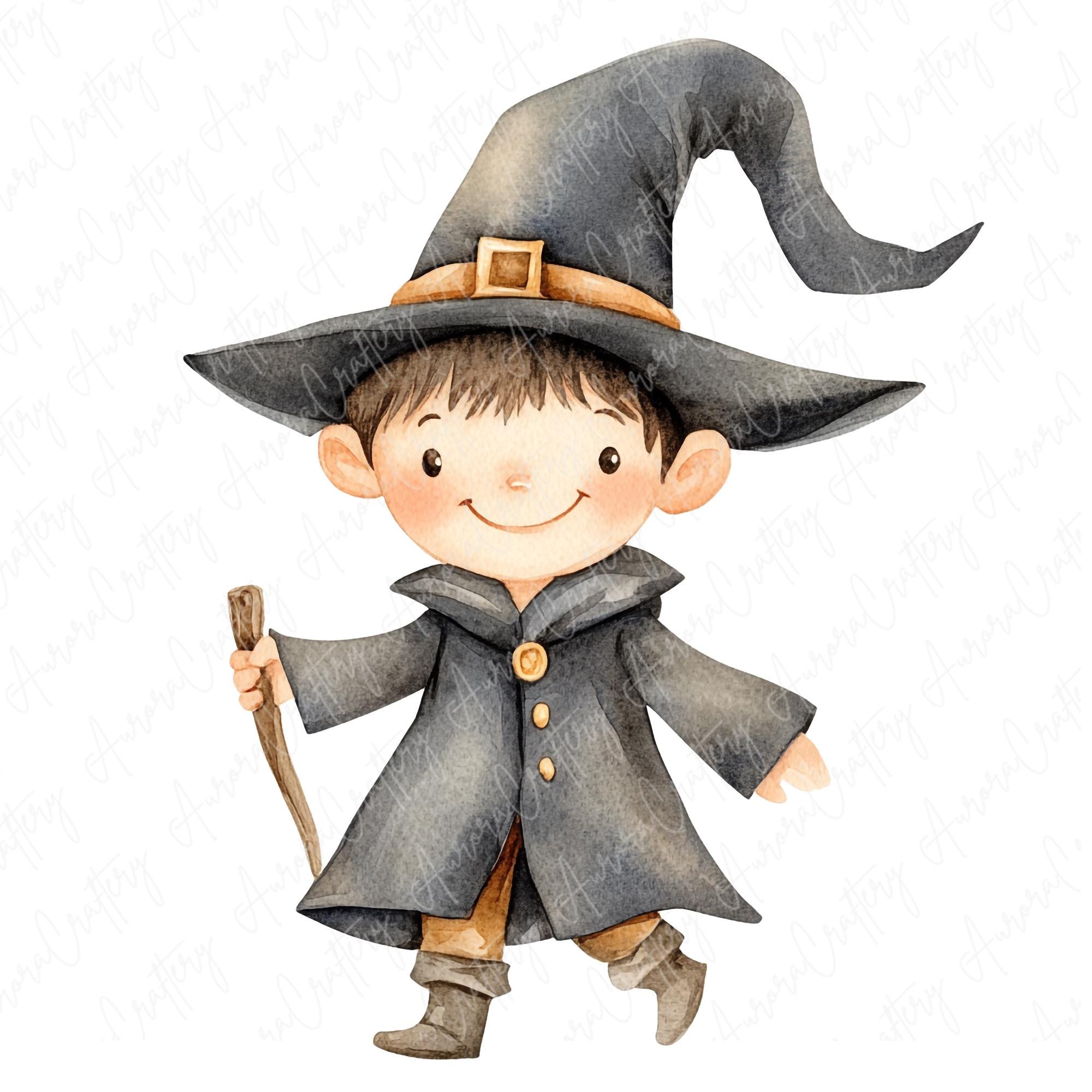 9 Watercolor Spooky Cute Boy Wizard Clipart, Adorable Witch Boys Wizard ...