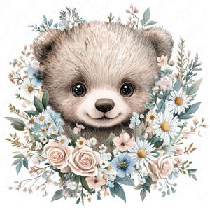 6 Watercolor Floral Bear Clipart, Cute Bear With Flower Wreaths ...
