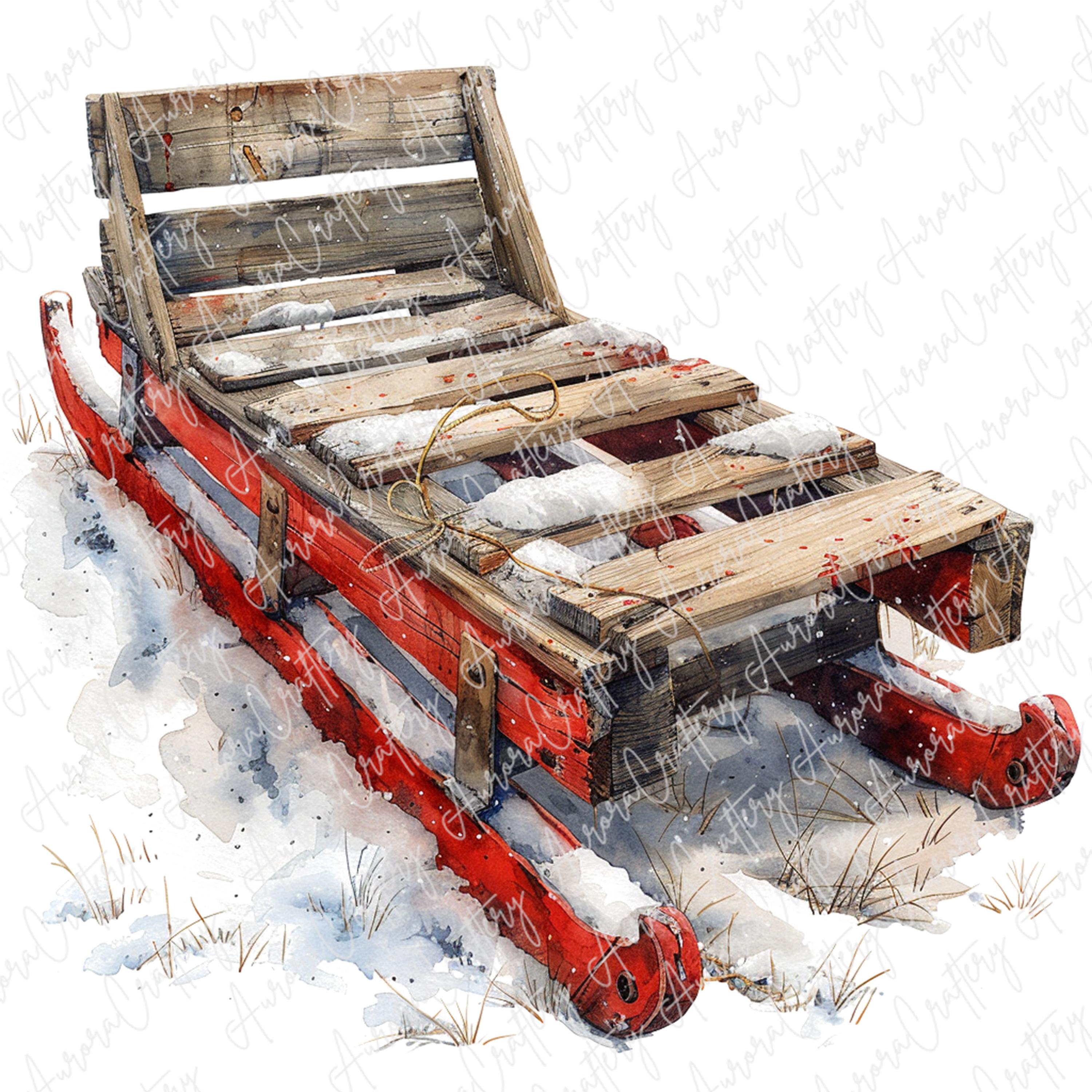 6 Watercolor Wooden Sled Clipart, Rustic Vintage Snow Sleigh in Forest ...