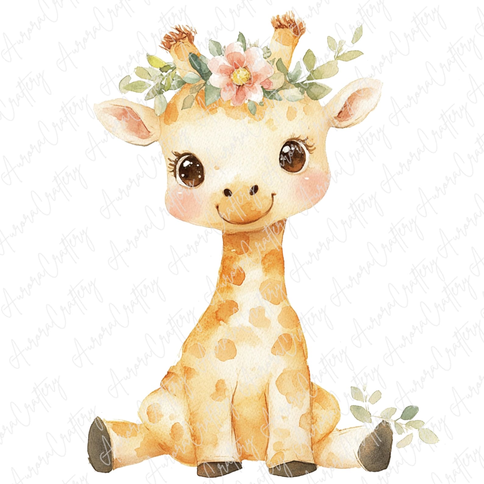 4 Watercolor Kawaii Giraffe Clipart, Cute Baby Giraffe With Flower ...