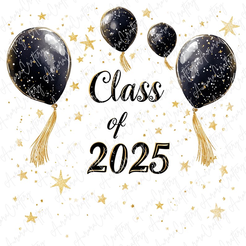 7 Class of 2025 Graduation Banner Clipart, Black and Gold Watercolor ...