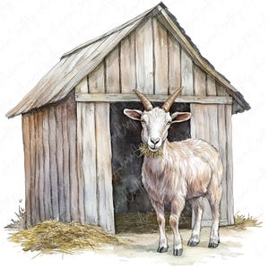 13 Goat Farm Clipart, Watercolor Farm Scenes With Goats, Rustic Barns ...