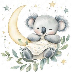 8 Sleepy Koala Nursery Clipart | Cute Baby Koalas With Moons, Stars ...