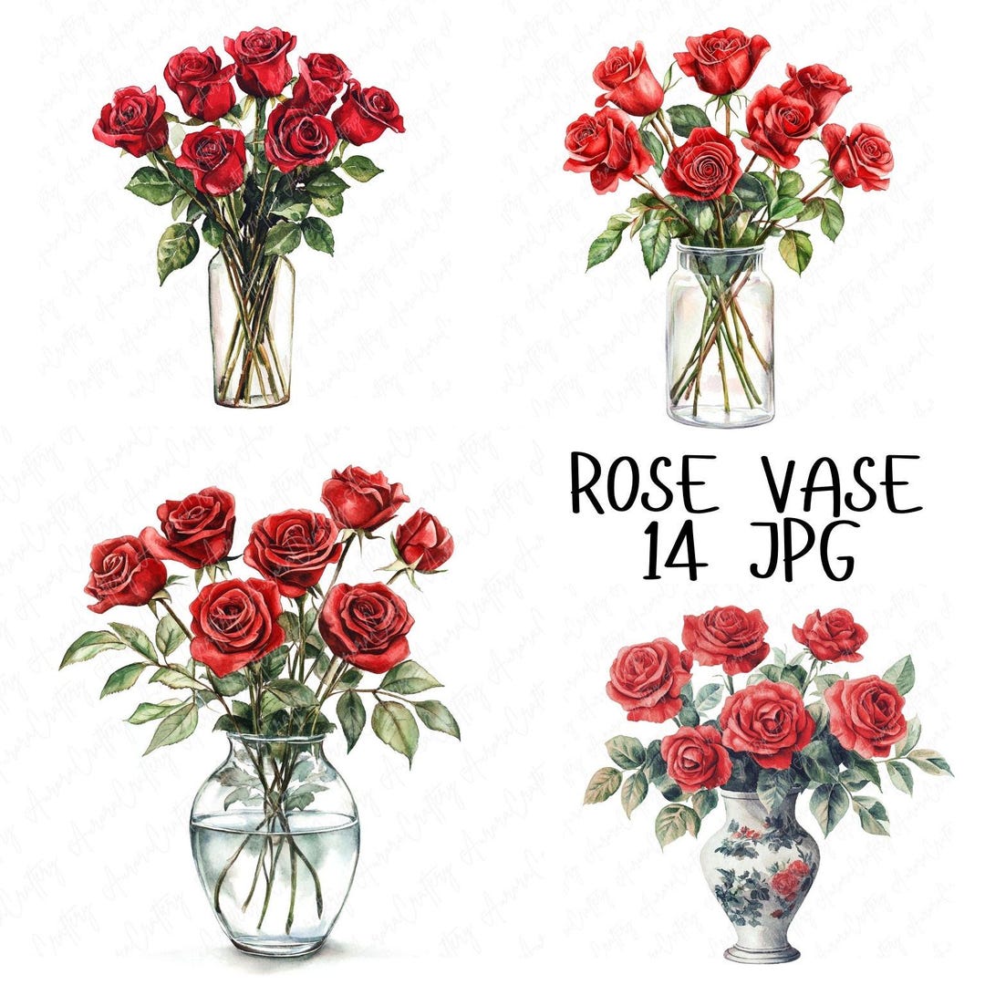 14 Watercolor Rose Vase Clipart, Romantic Floral Clipart, Valentine's ...