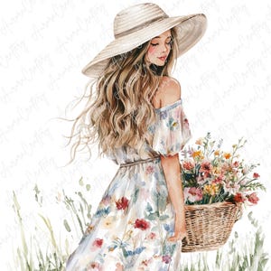 8 Summer Women Clipart Bundle, Girls in Dresses Holding Flowers, Spring ...