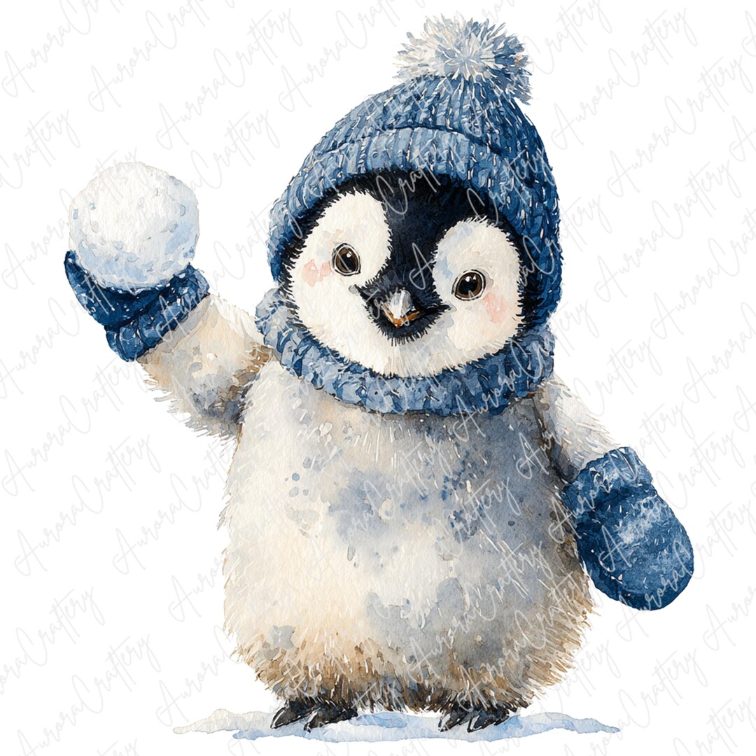 6 Watercolor Penguin Clipart, Cute Penguins With Snowballs in Blue Hats ...