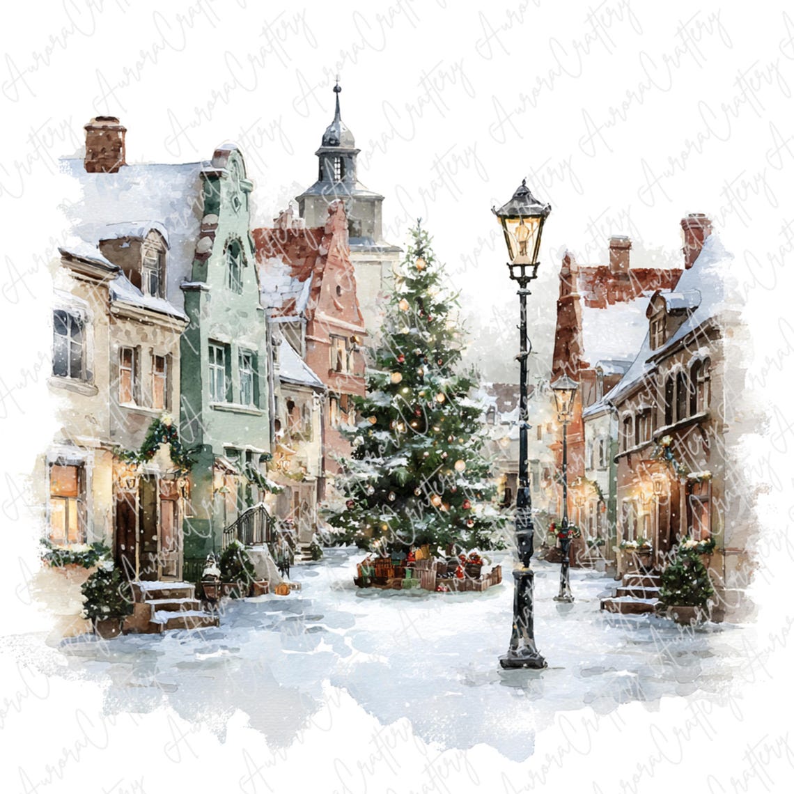 9 Watercolor Winter Village Scene Clipart, Snowy Town Square With Tree ...