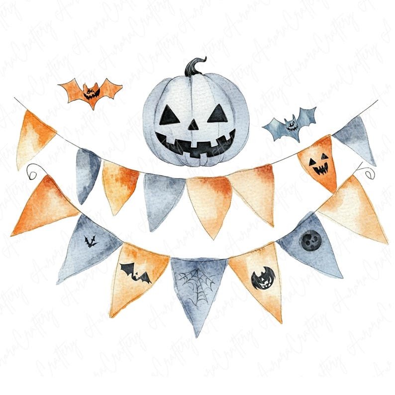 10 Spooky Bunting Clipart Watercolor Spooky Banner, Cute Ghost and ...