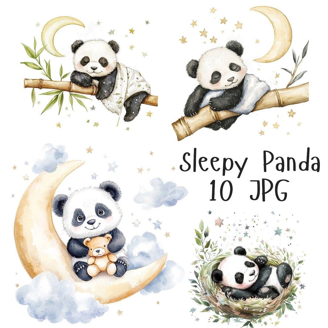 10 Watercolor Sleepy Panda Clipart Cute Baby Panda Clipart, Moon ...