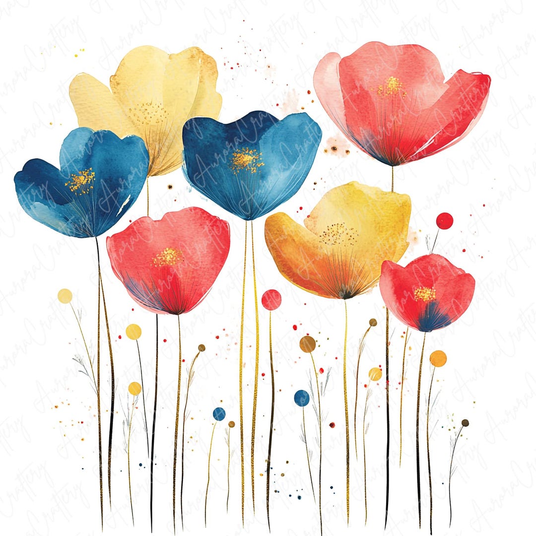 10 Retro Pop Art Watercolor Floral Clipart Bundle, Bright Colorful ...