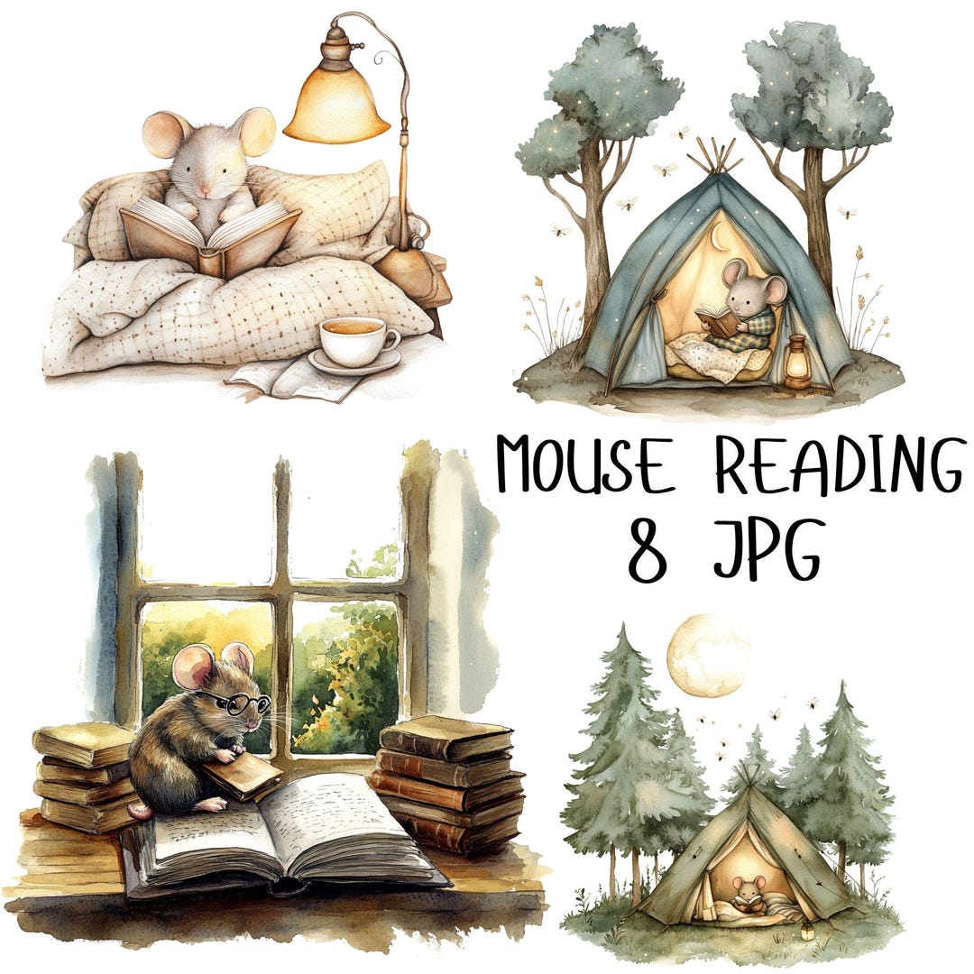 8 Watercolor Mouse Reading Clipart, Cozy Mouse in Tent and Books ...