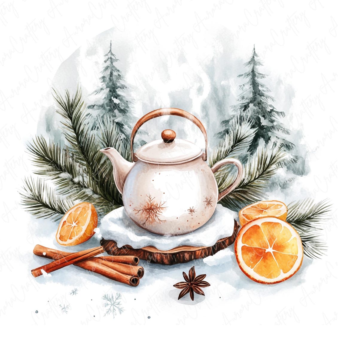 7 Watercolor Winter Teapot Clipart, Cozy Tea Sets With Oranges and ...