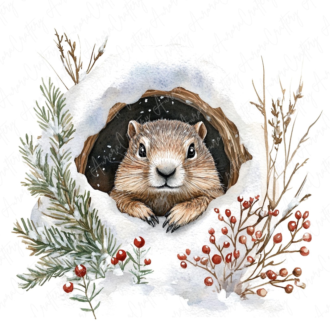 8 Watercolor Festive Groundhog Clipart, Winter Woodland Animal Clipart ...