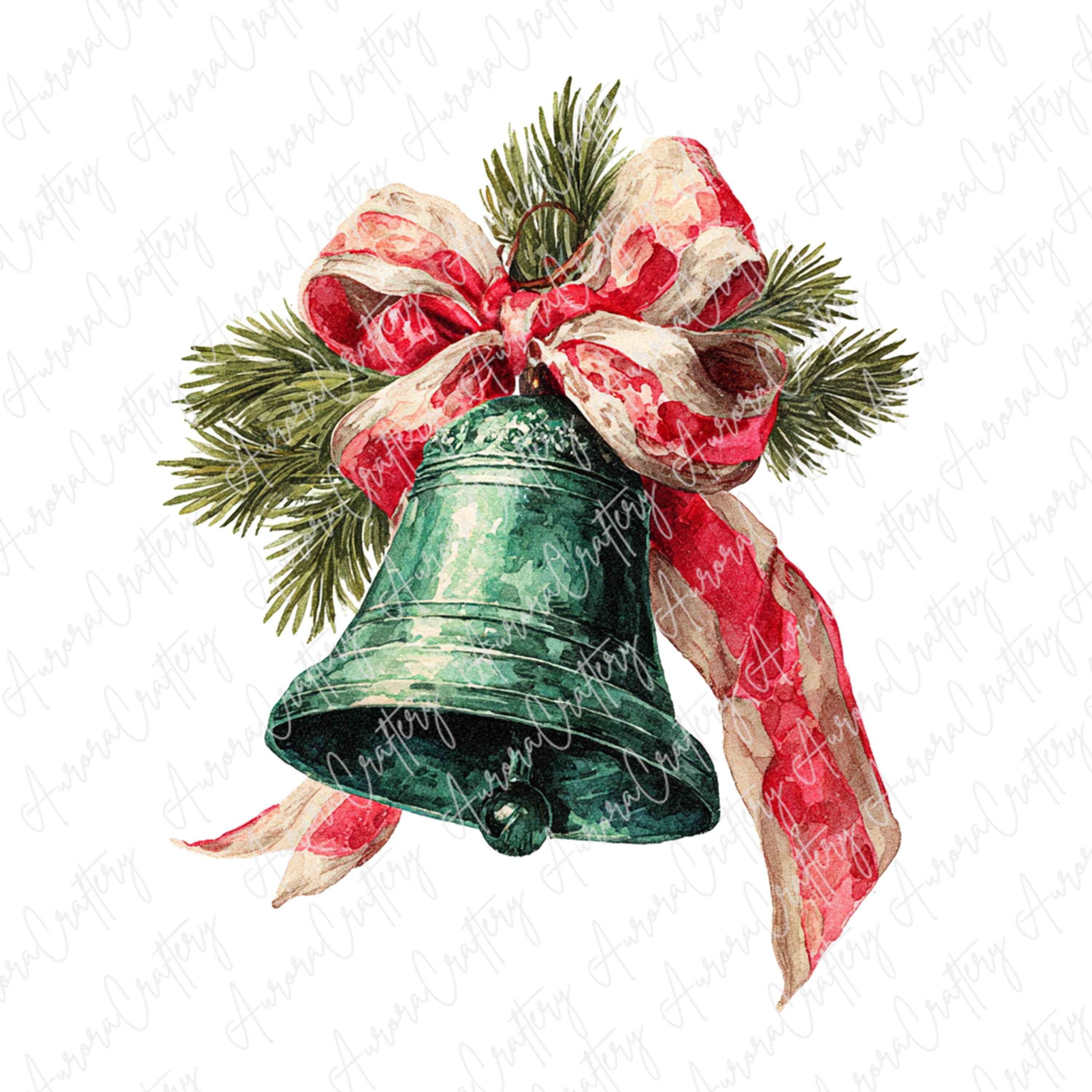 4 Watercolor Festive Bell Clipart, Bells With Bow and Pine, Green and ...