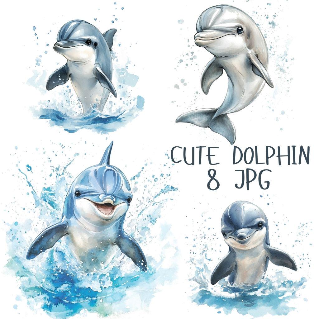 8 Watercolor Dolphin Clipart, Dolphin Sealife Clipart, Playful Dolphin ...