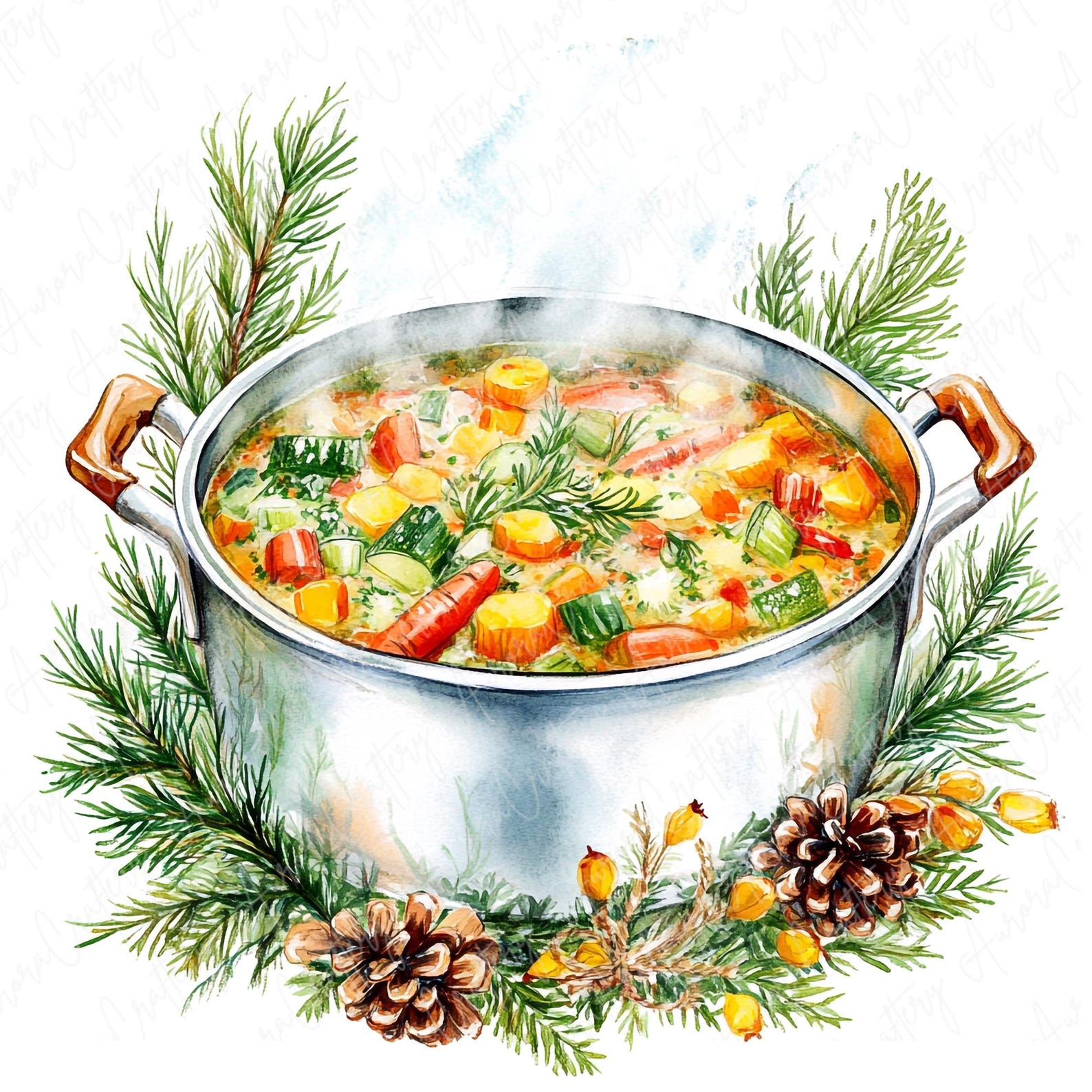 7 Watercolor Holiday Soup Clipart, Festive Pot of Vegetable Clipart ...