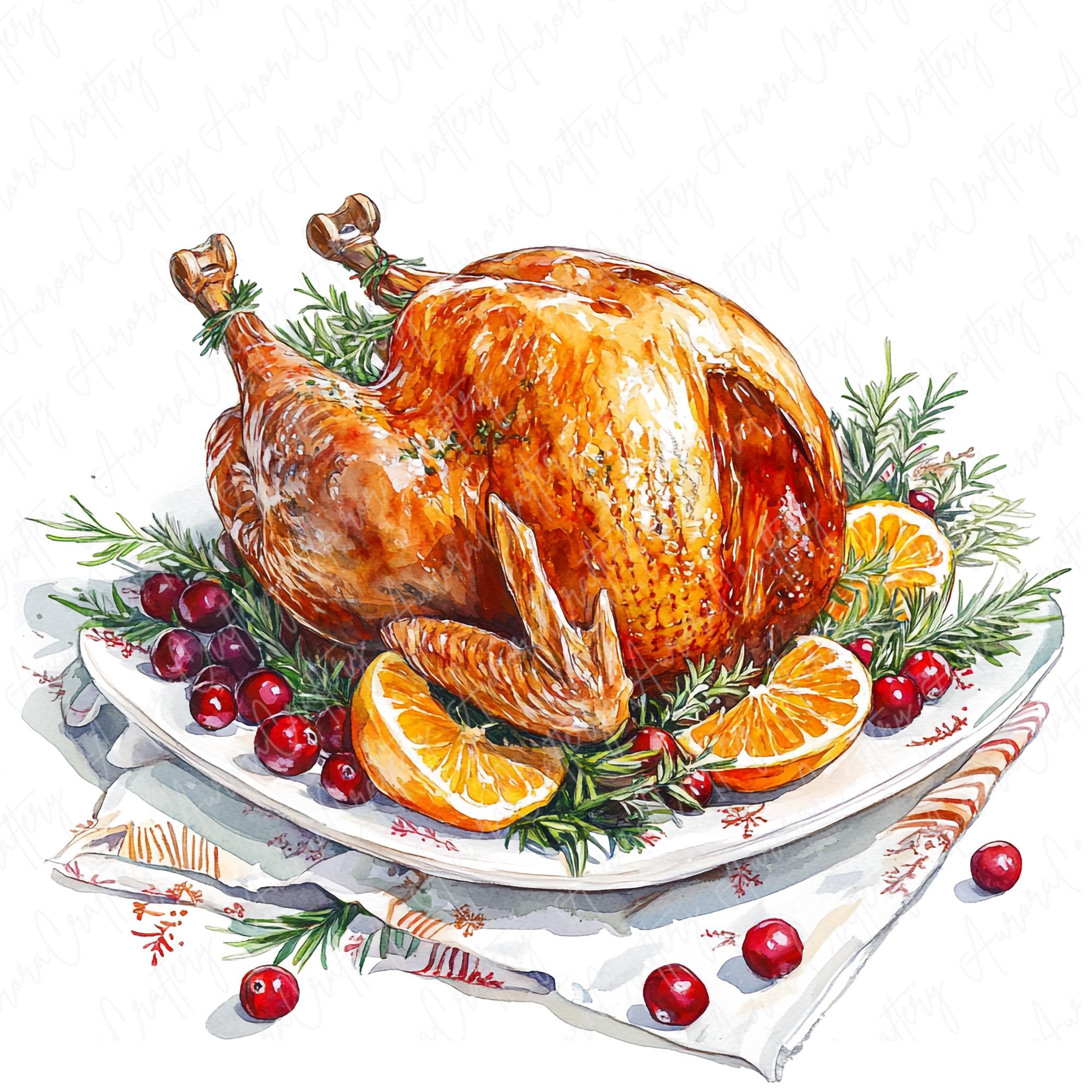6 Watercolor Roast Turkey Clipart, Festive Dinner Clipart, Turkey With ...