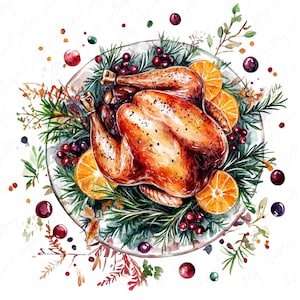 6 Watercolor Roast Turkey Clipart, Festive Dinner Clipart, Turkey With ...