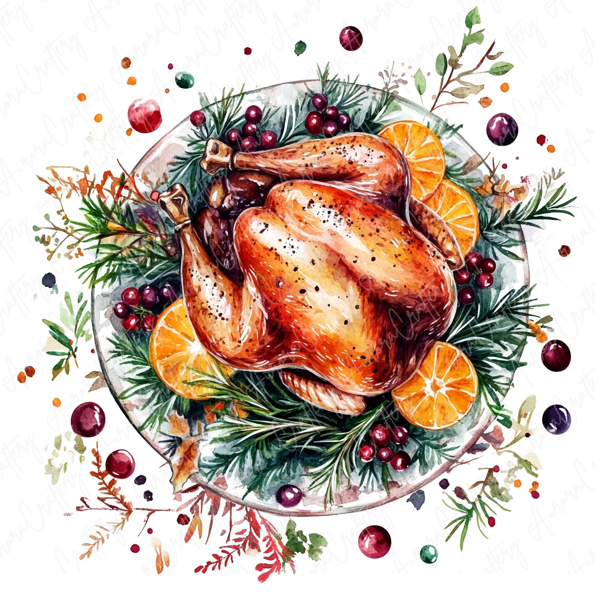 6 Watercolor Roast Turkey Clipart, Festive Dinner Clipart, Turkey With ...