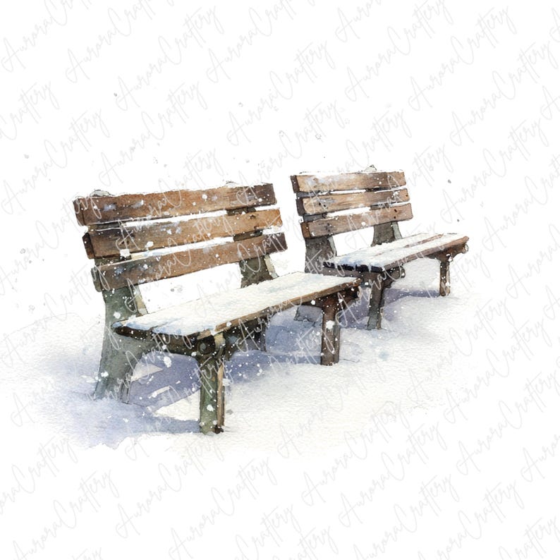 8 Watercolor Winter Bench Clipart, Snowy Park Benches With Red Scarf ...