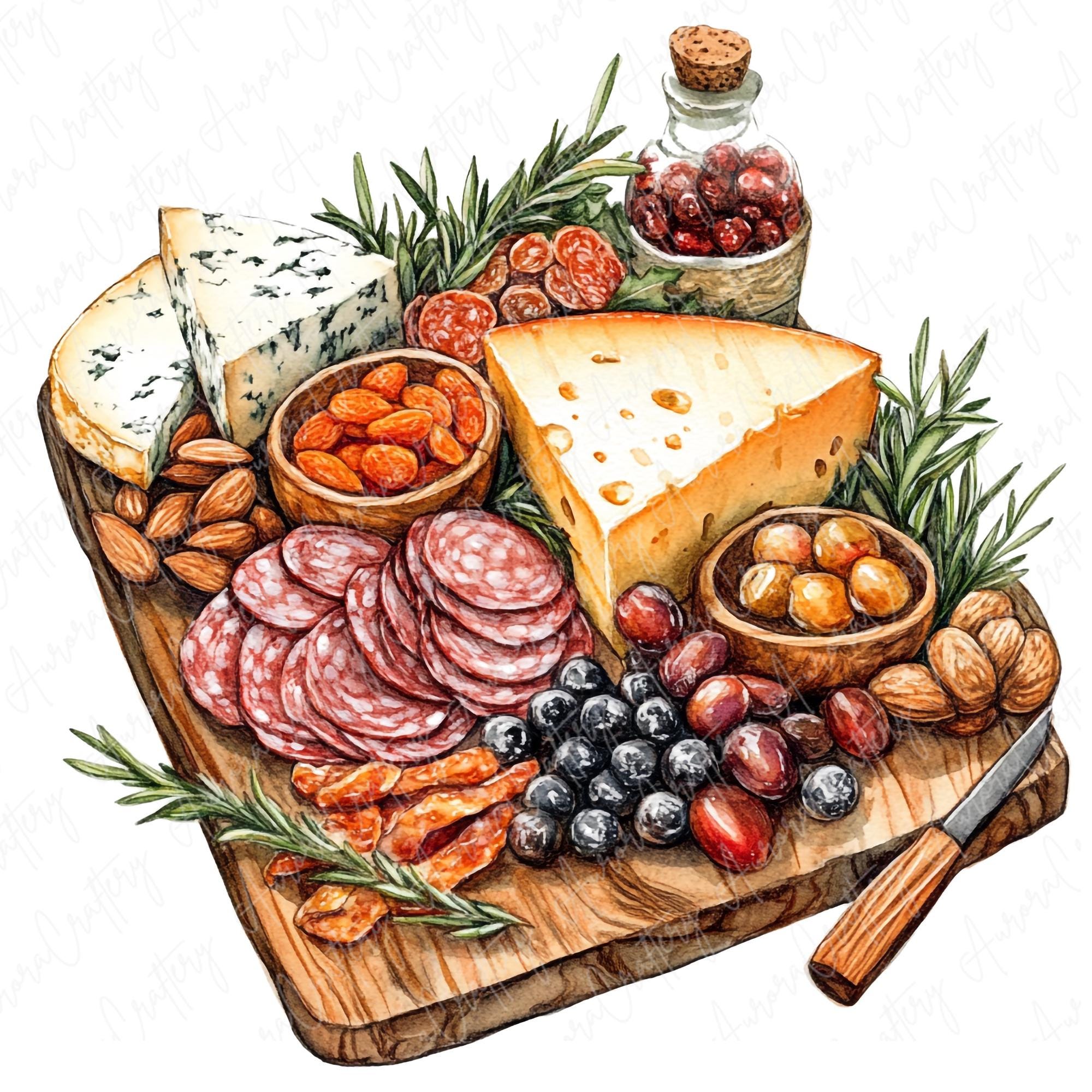 8 Watercolor Charcuterie Board Clipart, Food Clipart, Cheese & Fruit ...