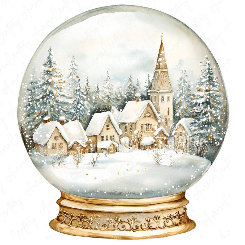 7 Watercolor Winter Snow Globe Clipart, Festive Winter Village Clipart ...